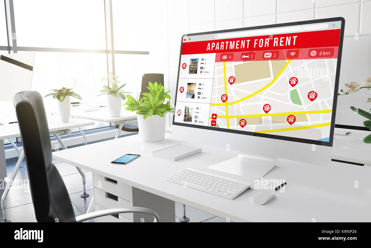 computer with apartment for rent on screen 3d rendering Stock Photo - Alamy