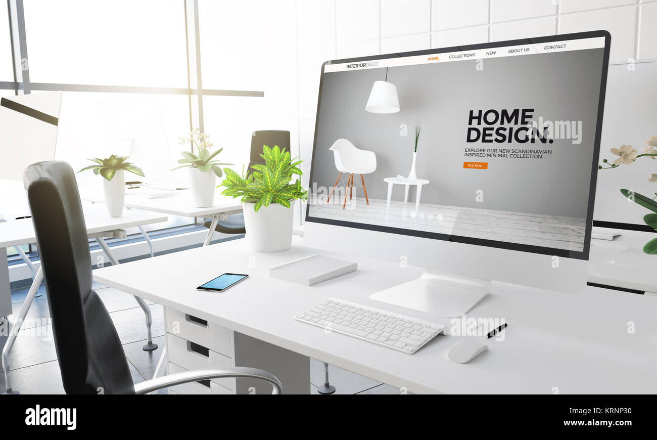 computer with home interior design website 3d rendering Stock Photo - Alamy