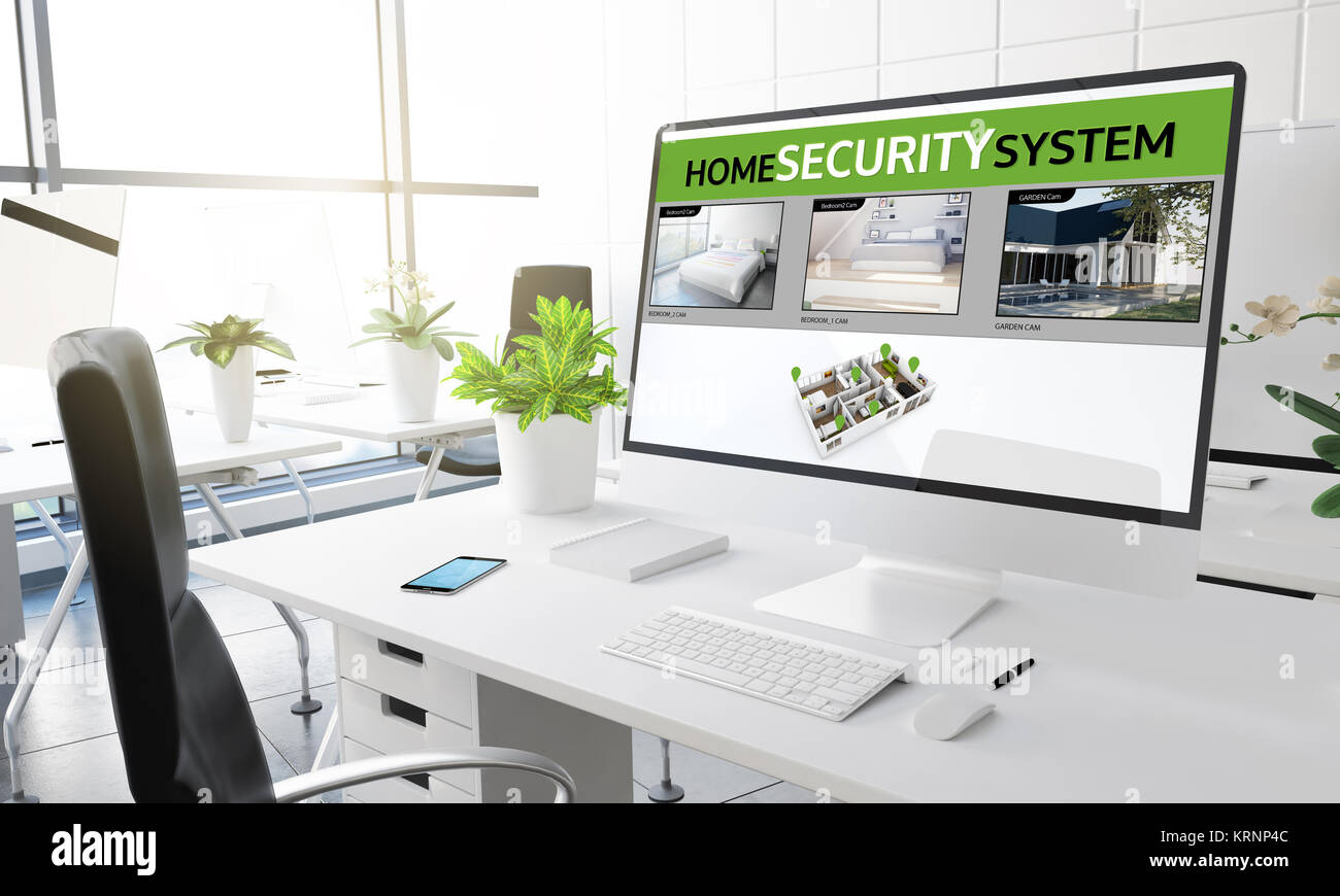 computer with cctv control system 3d rendering. Some elements furnished ...