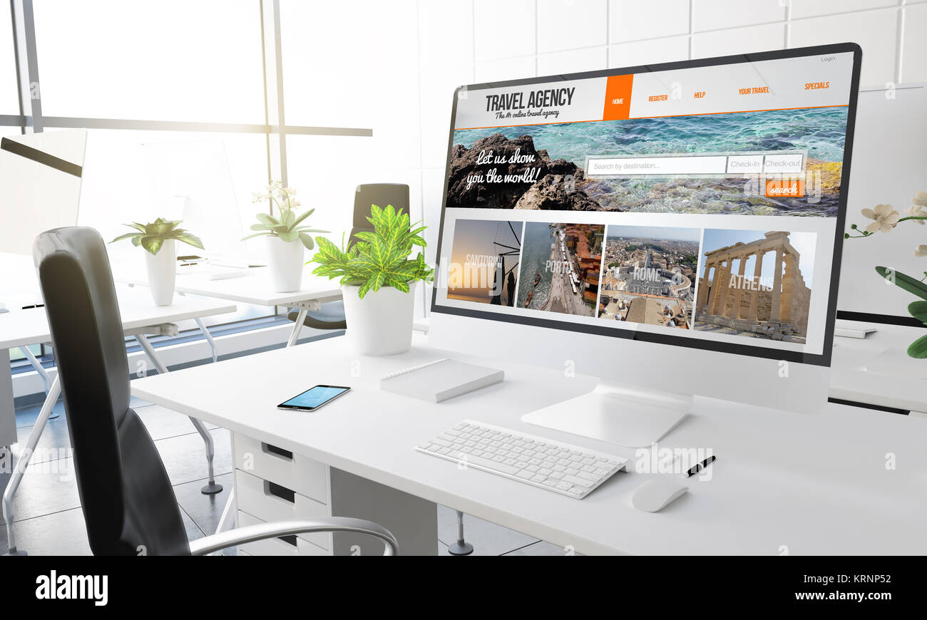computer with travel agency website at modern office 3d rendering Stock Photo - Alamy