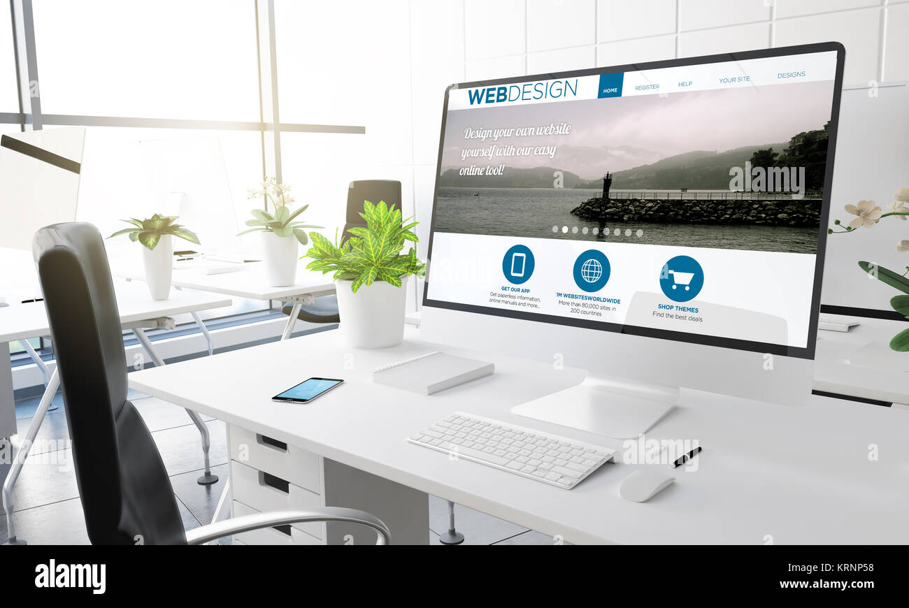 computer with web design website at modern office 3d rendering Stock ...