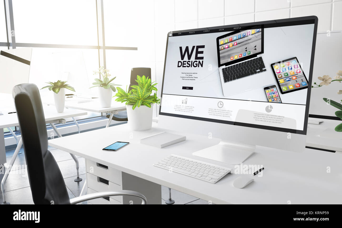 computer with we design at modern office 3d rendering Stock Photo - Alamy