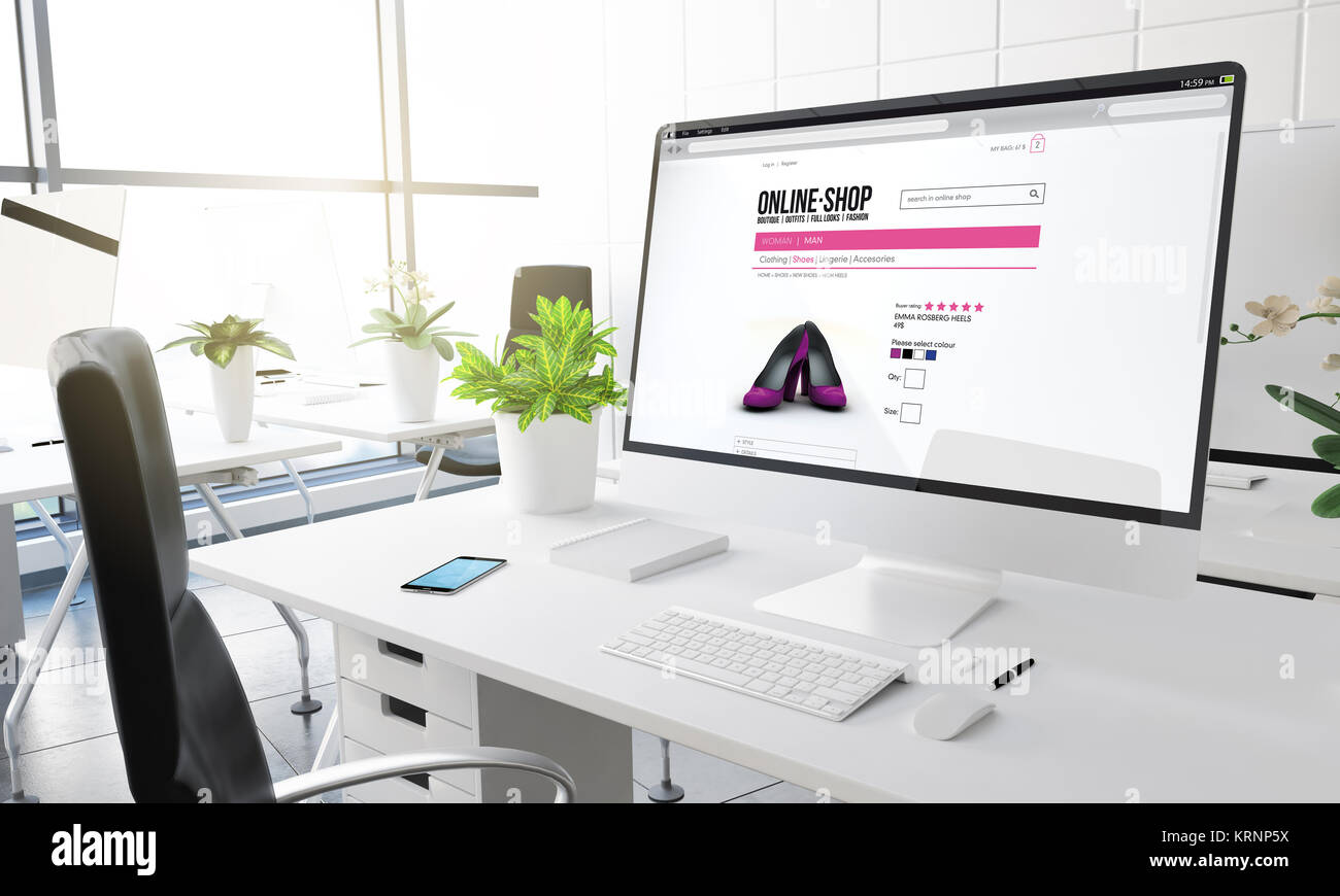 computer with online shop website at modern office 3d rendering Stock ...