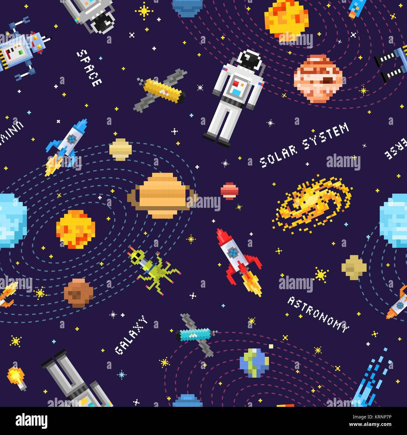 space seamless pattern background, alien spaceman, robot rocket and ...