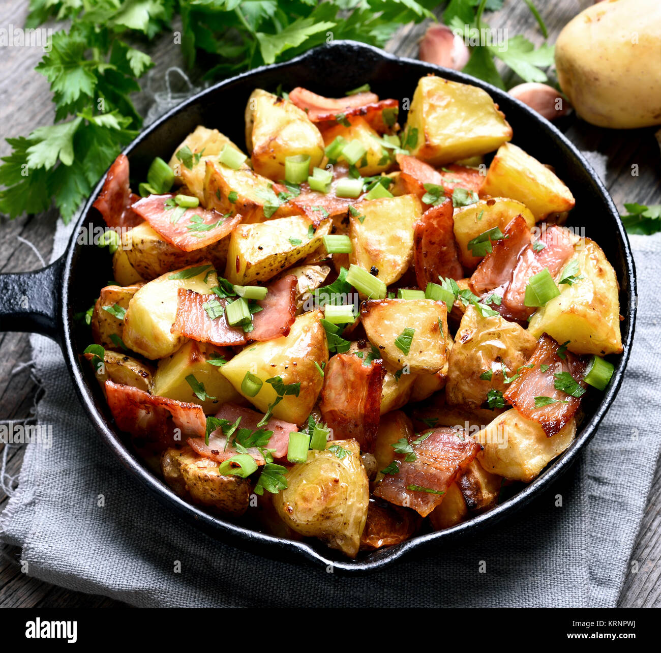 Fried potato in frying pan. Dish for dinner. Close up view Stock Photo ...