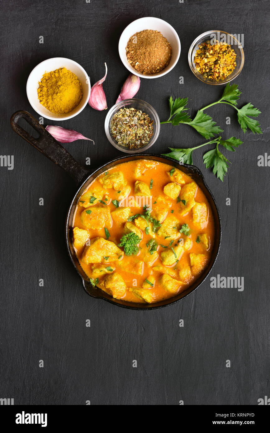 Chicken curry on dark stone background with copy space. Top view, flat ...