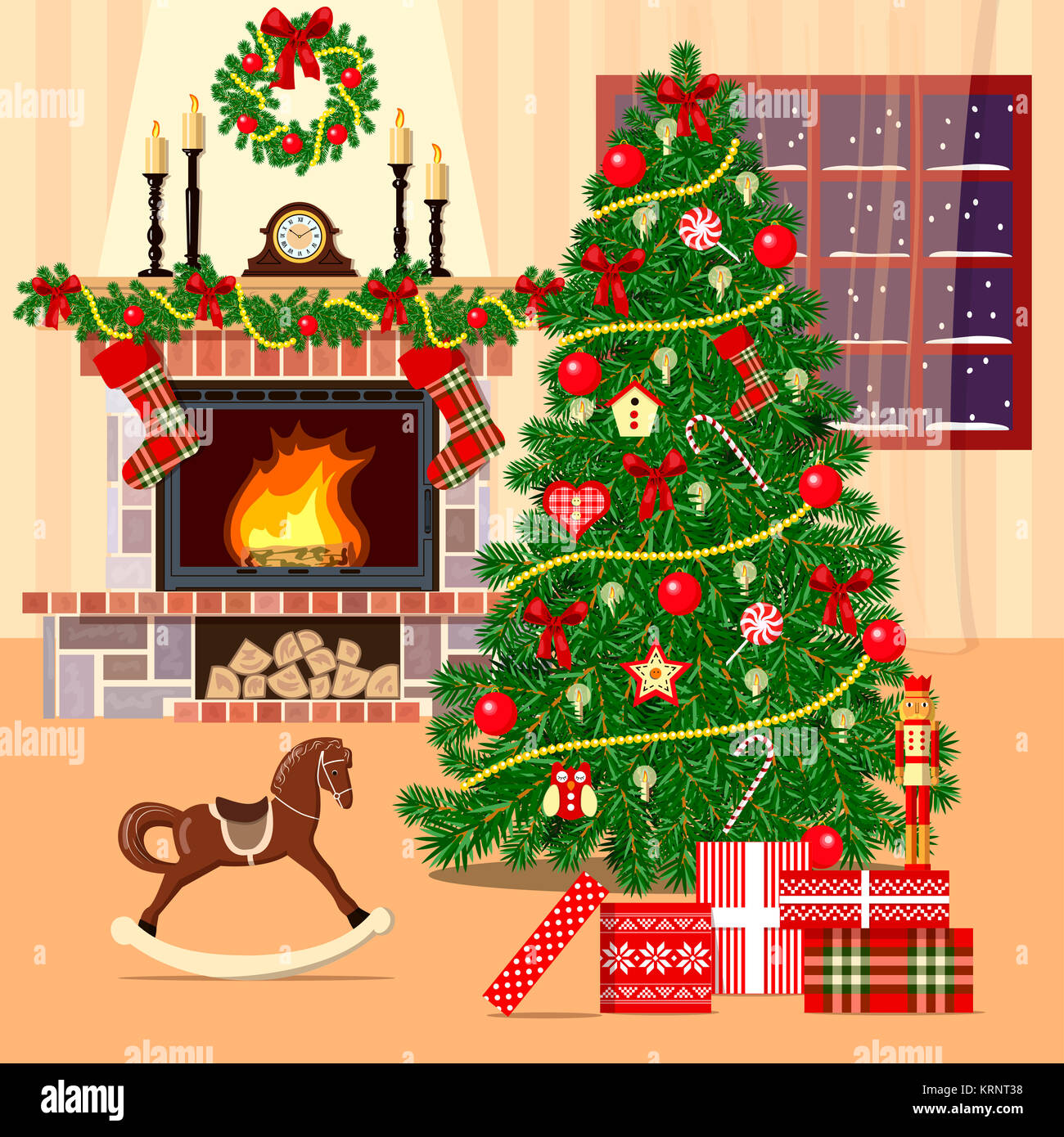 Christmas decorated room with xmas tree, fireplace Stock Photo - Alamy