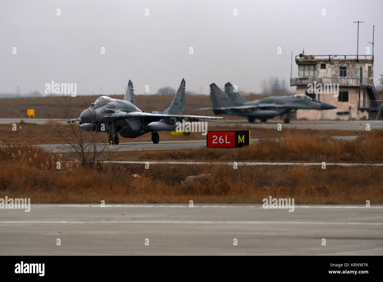MIG-29 (MIG-29SMT) "Fulcrum" fighter aircrafts landing after mission at ...