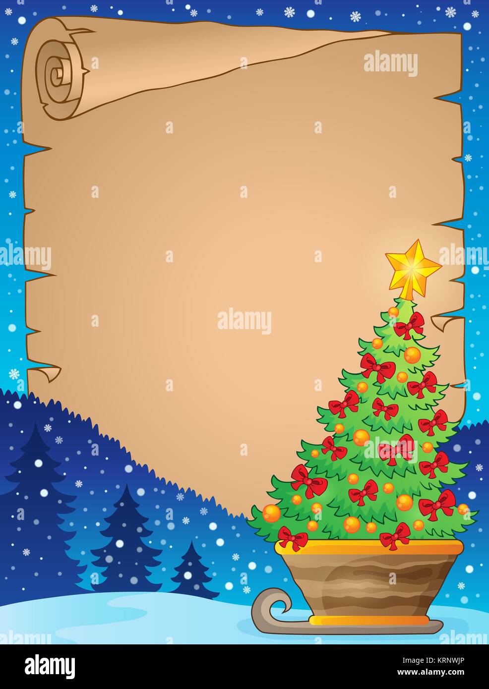Parchment with Christmas tree on sledge Stock Photo - Alamy