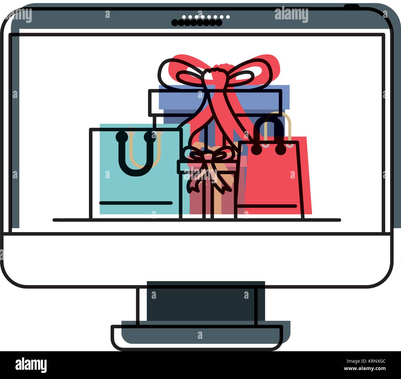 desktop computer front view with gift boxes and shopping bags in screen ...