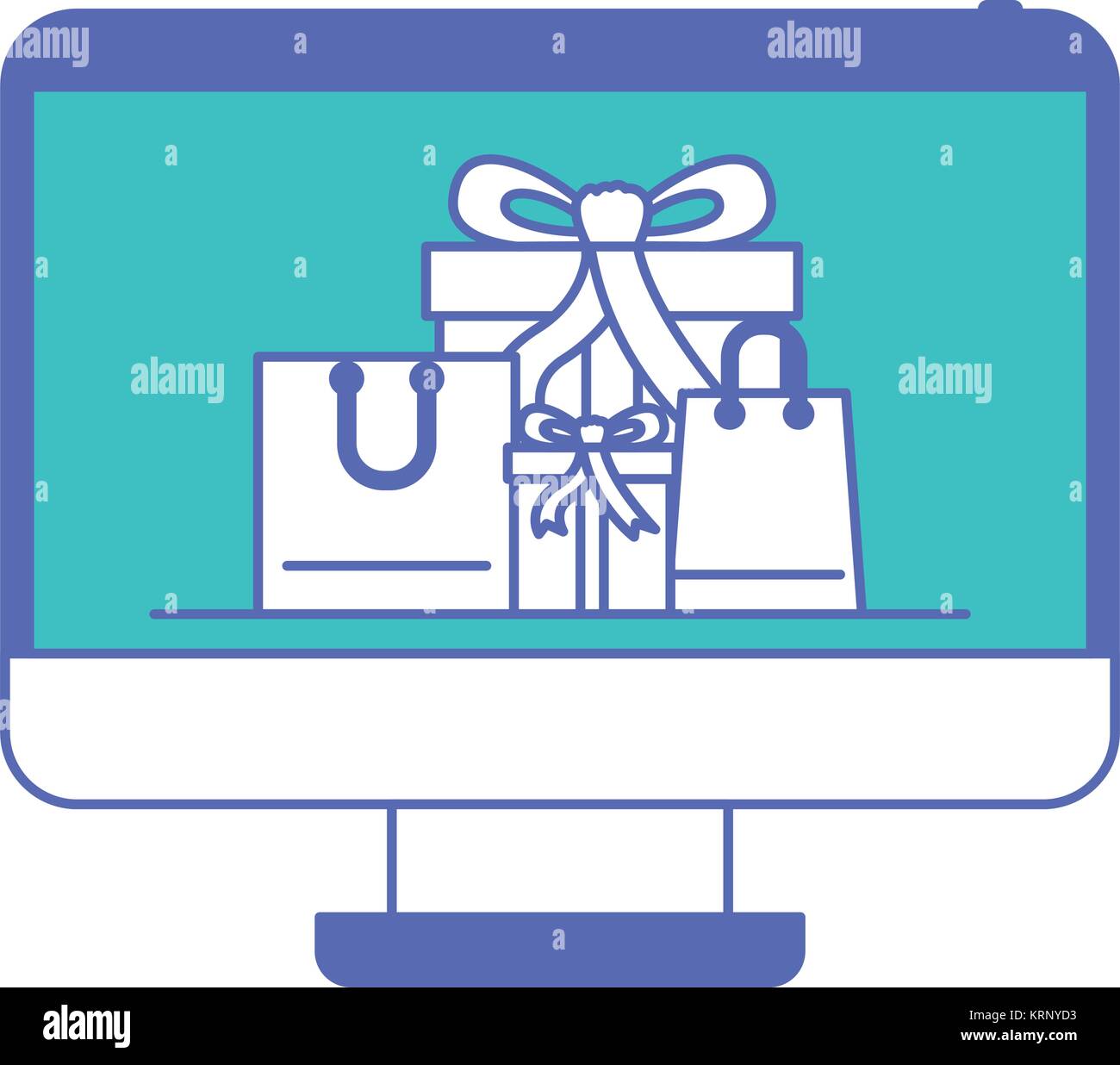 desktop computer front view with gift boxes and shopping bags in screen ...