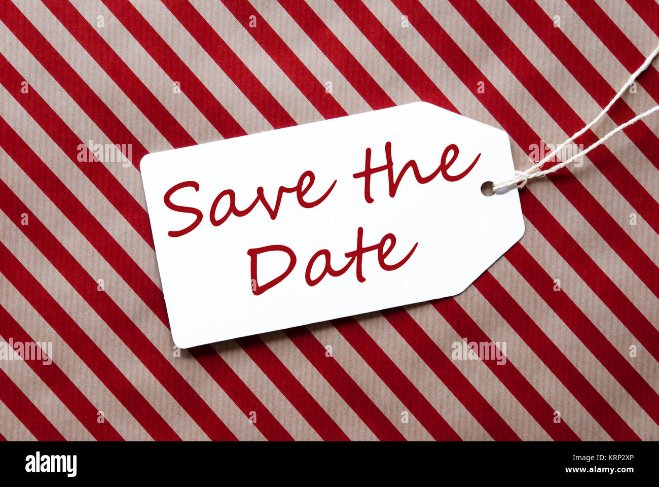 English Text Save The Date. One Label On A Red And Brown Striped ...
