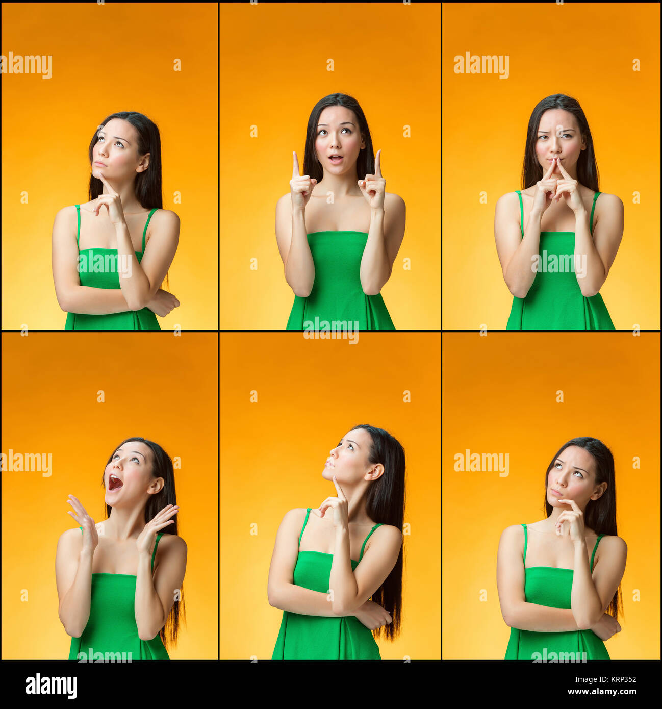 The thinking Chinese girl on yellow background Stock Photo - Alamy