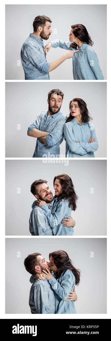 The man and woman communicating on a gray background Stock Photo - Alamy