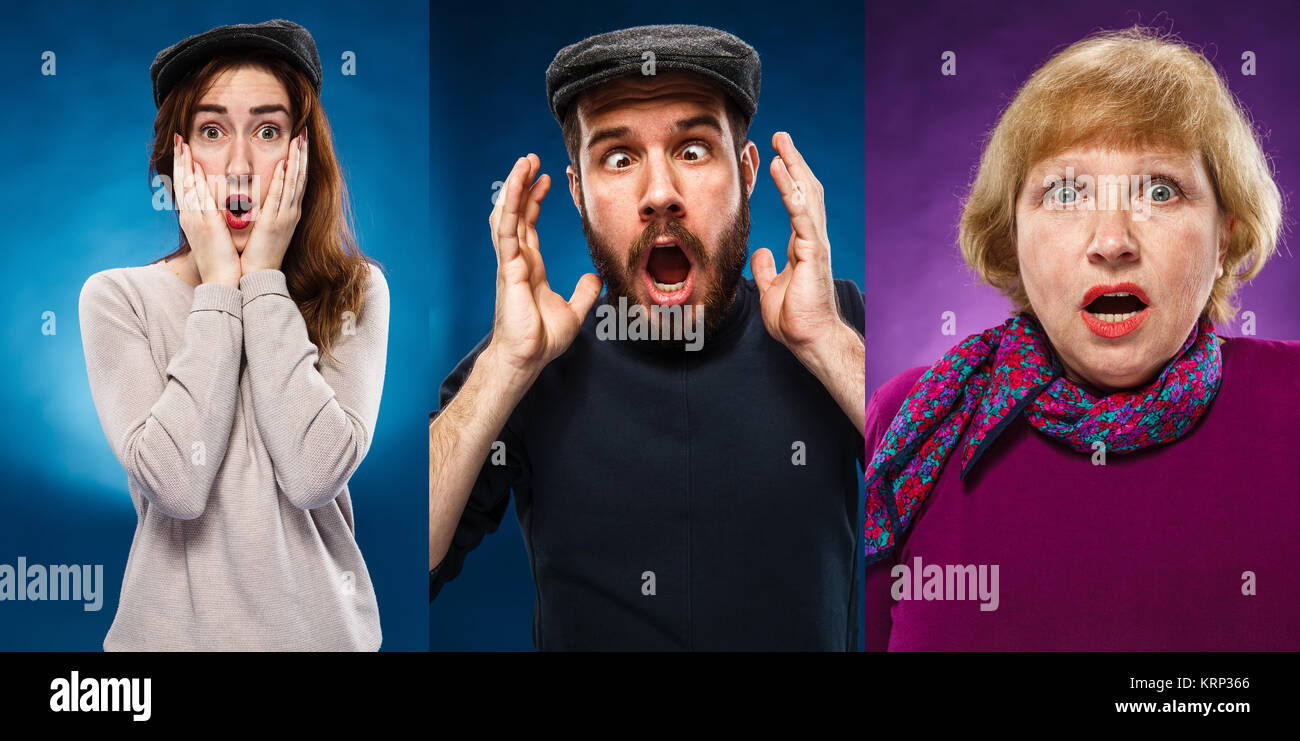 The collage of young man and woman face expressions Stock Photo - Alamy