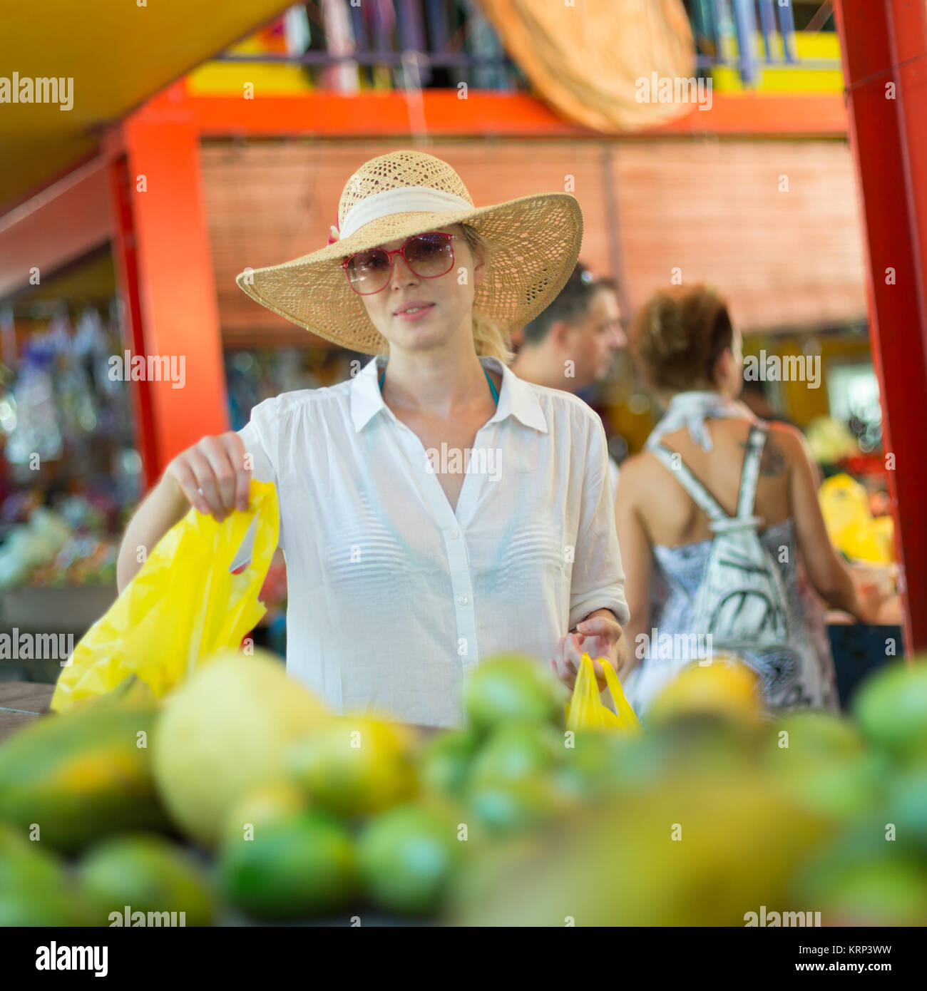 Traveler shopping on traditional Victoria food market, Seychelles Stock ...
