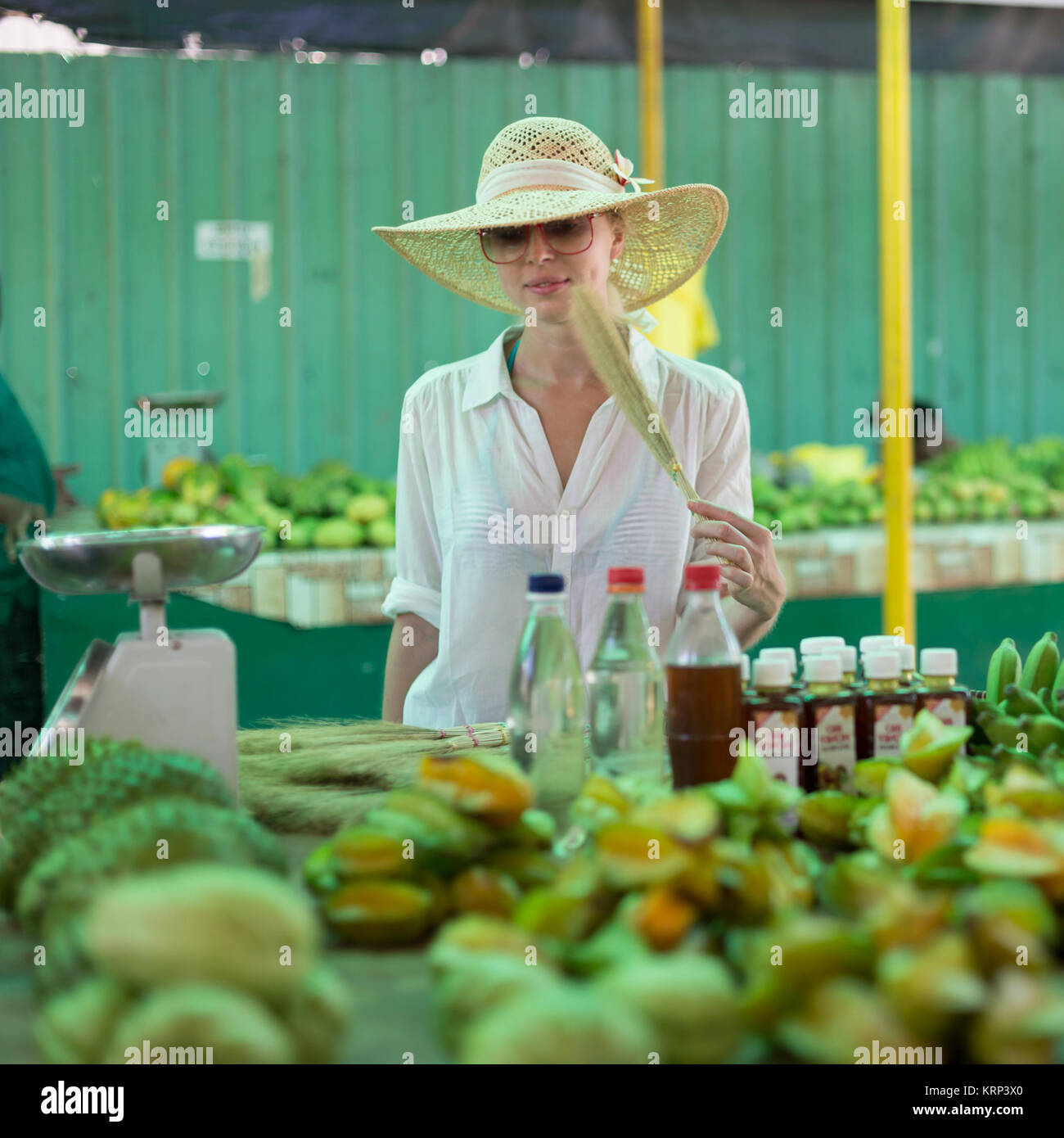 Traveler shopping on traditional Victoria food market, Seychelles Stock ...