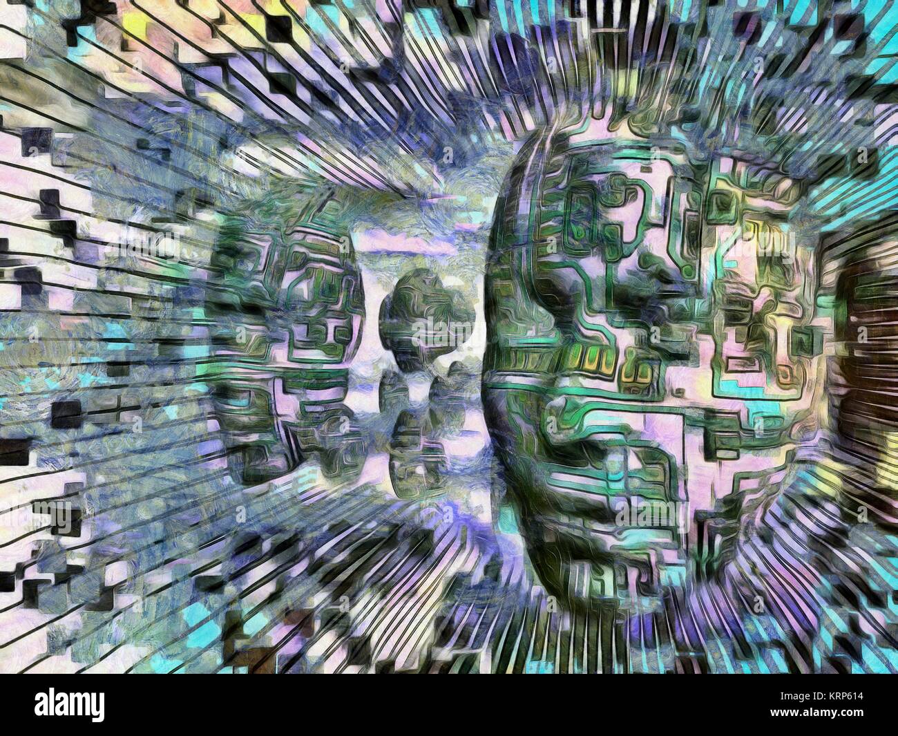 Surreal digital art. Woman's masks with electric circuit hovers in the ...