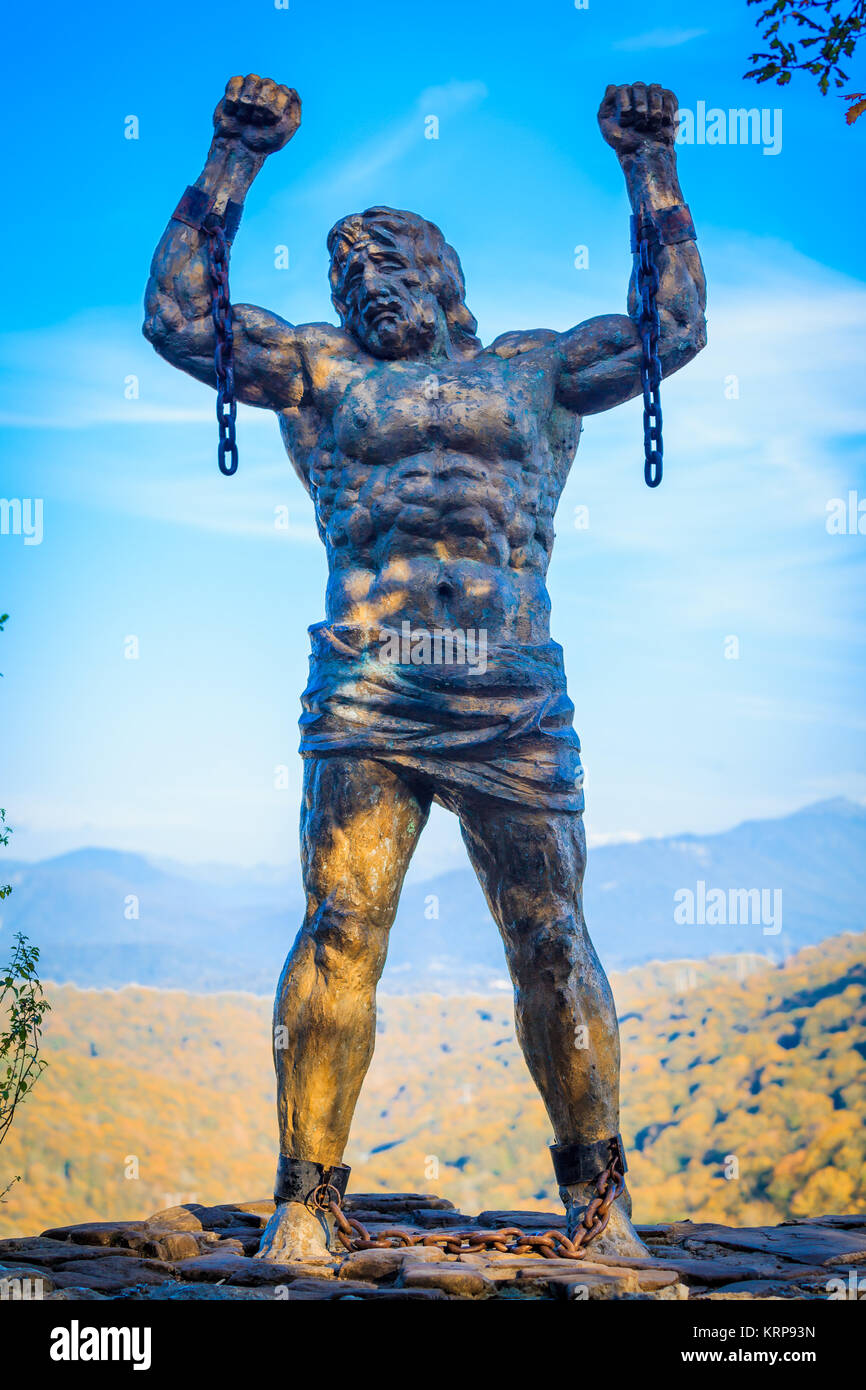 Top of the Eagle rocks, Sochi national Park.The sculpture of Prometheus ...