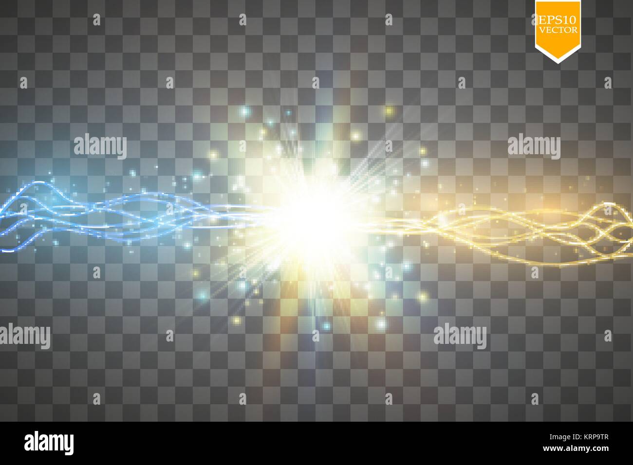 Collision of two forces with gold and blue light. Vector illustration ...