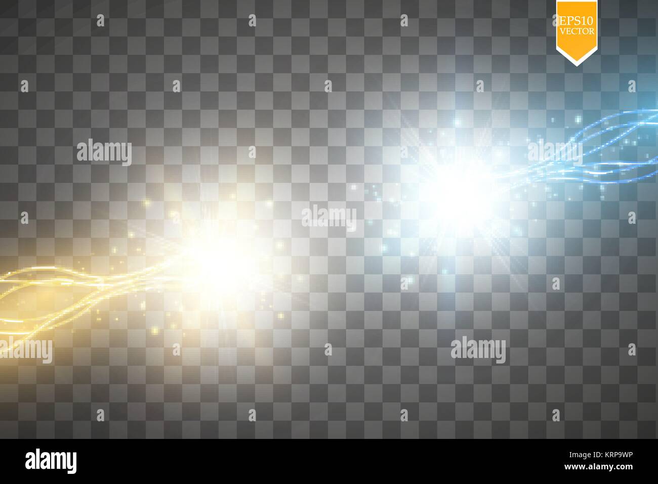 Collision of two forces with gold and blue light. Vector illustration ...