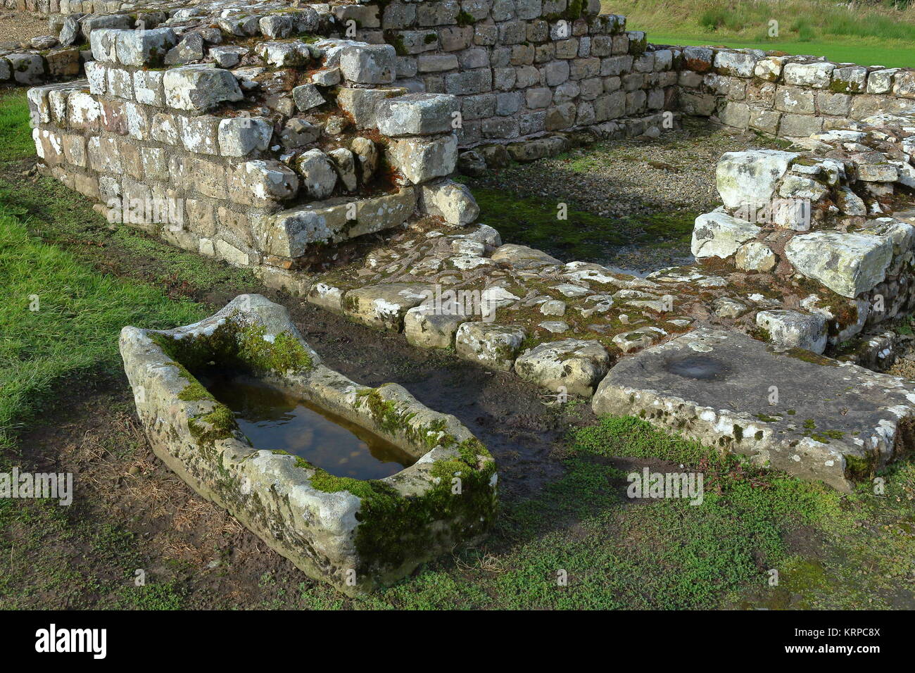 Roman stone trough and ruins at Vindolanda Roman fort, next to Hadrian ...