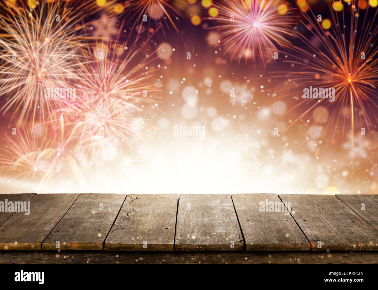 Abstract colored firework background with empty wooden planks, free ...