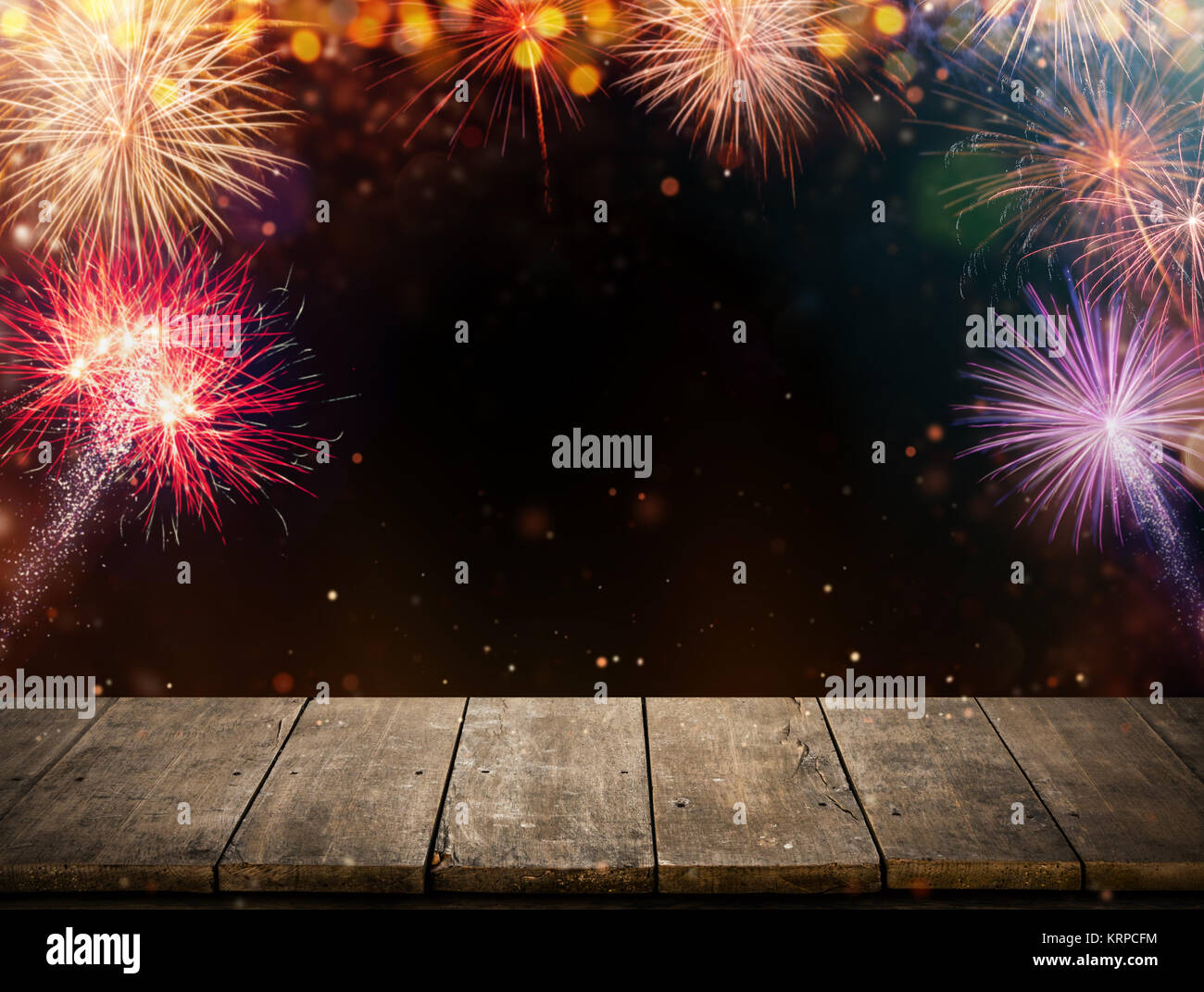Abstract colored firework background with empty wooden planks, free ...