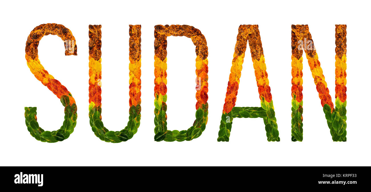 word sudan country is written with leaves on a white insulated ...