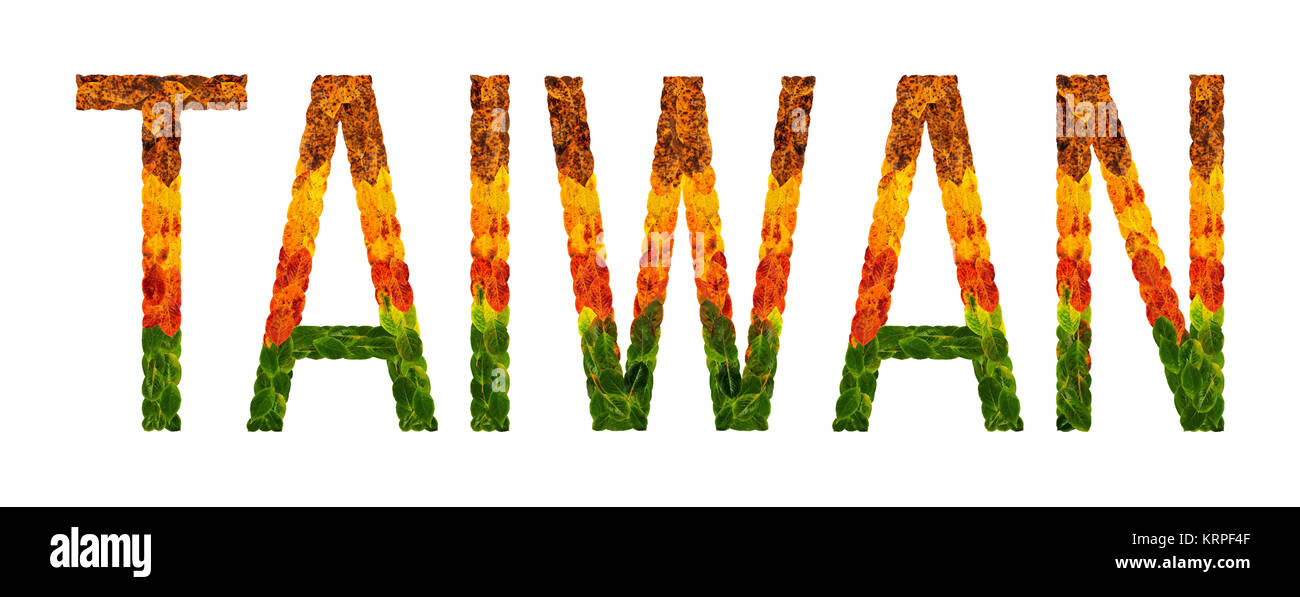 word Taiwan country is written with leaves on a white insulated ...
