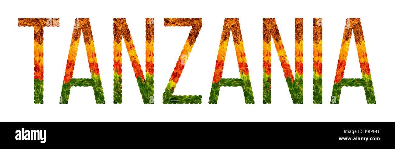 word tanzania country is written with leaves on a white insulated ...