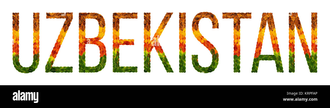word uzbekistan country is written with leaves on a white insulated ...