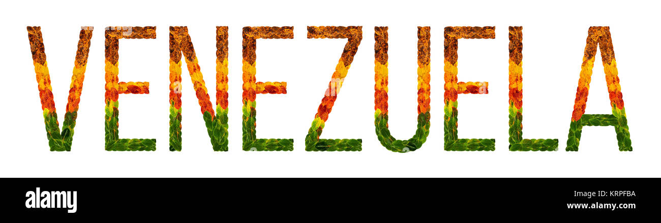 word venezuela country is written with leaves on a white insulated ...