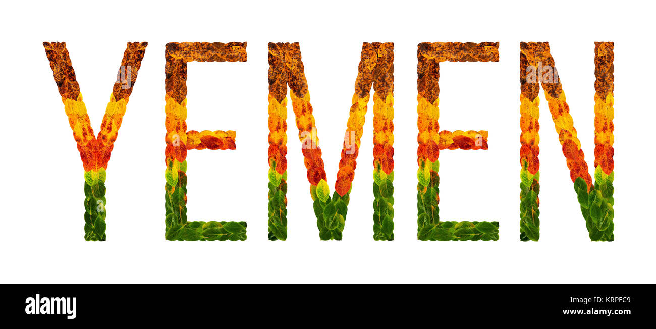 word yemen country is written with leaves on a white insulated ...