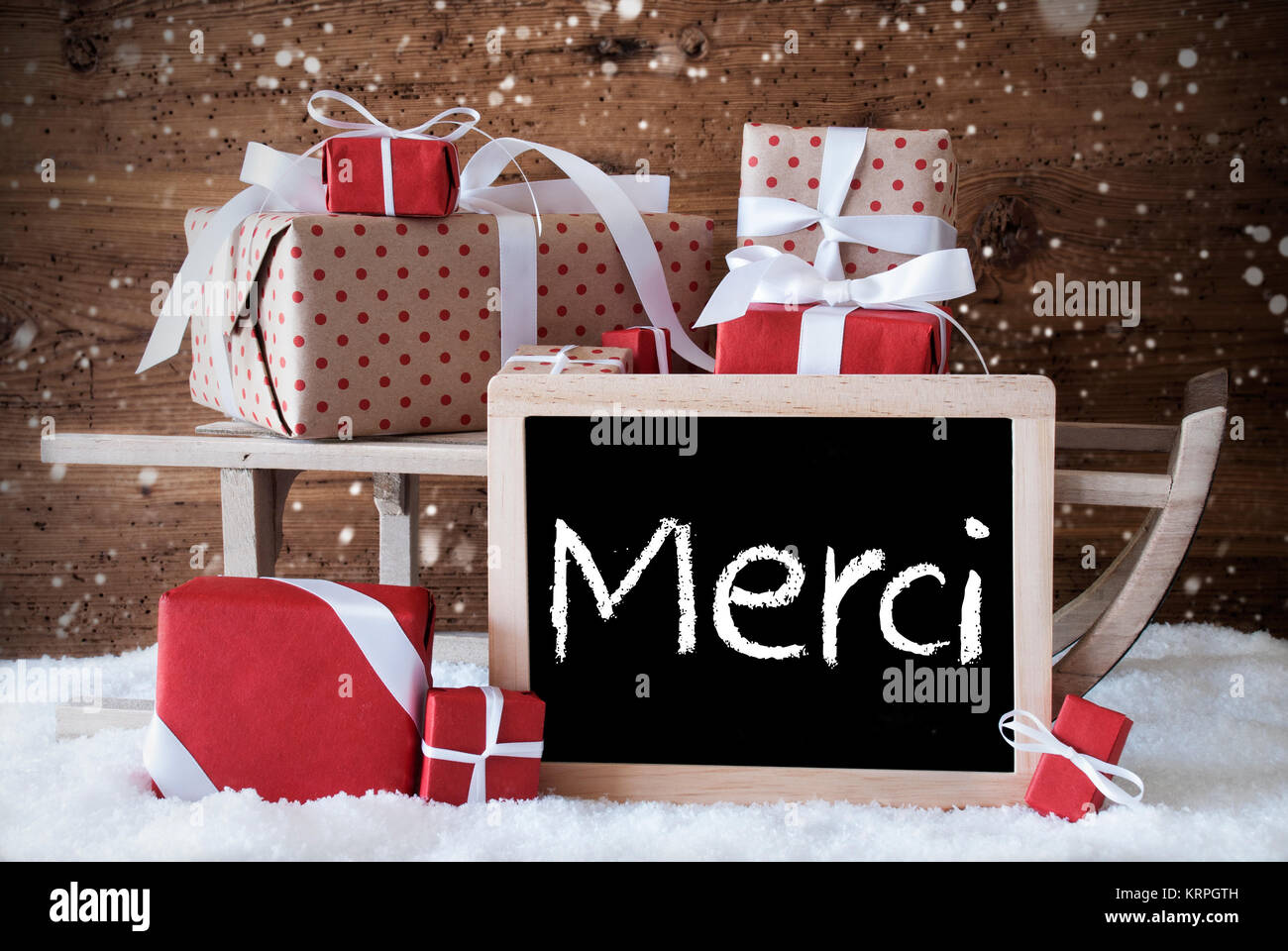 Chalkboard With French Text Merci Means Thank You. Sled With Christmas ...