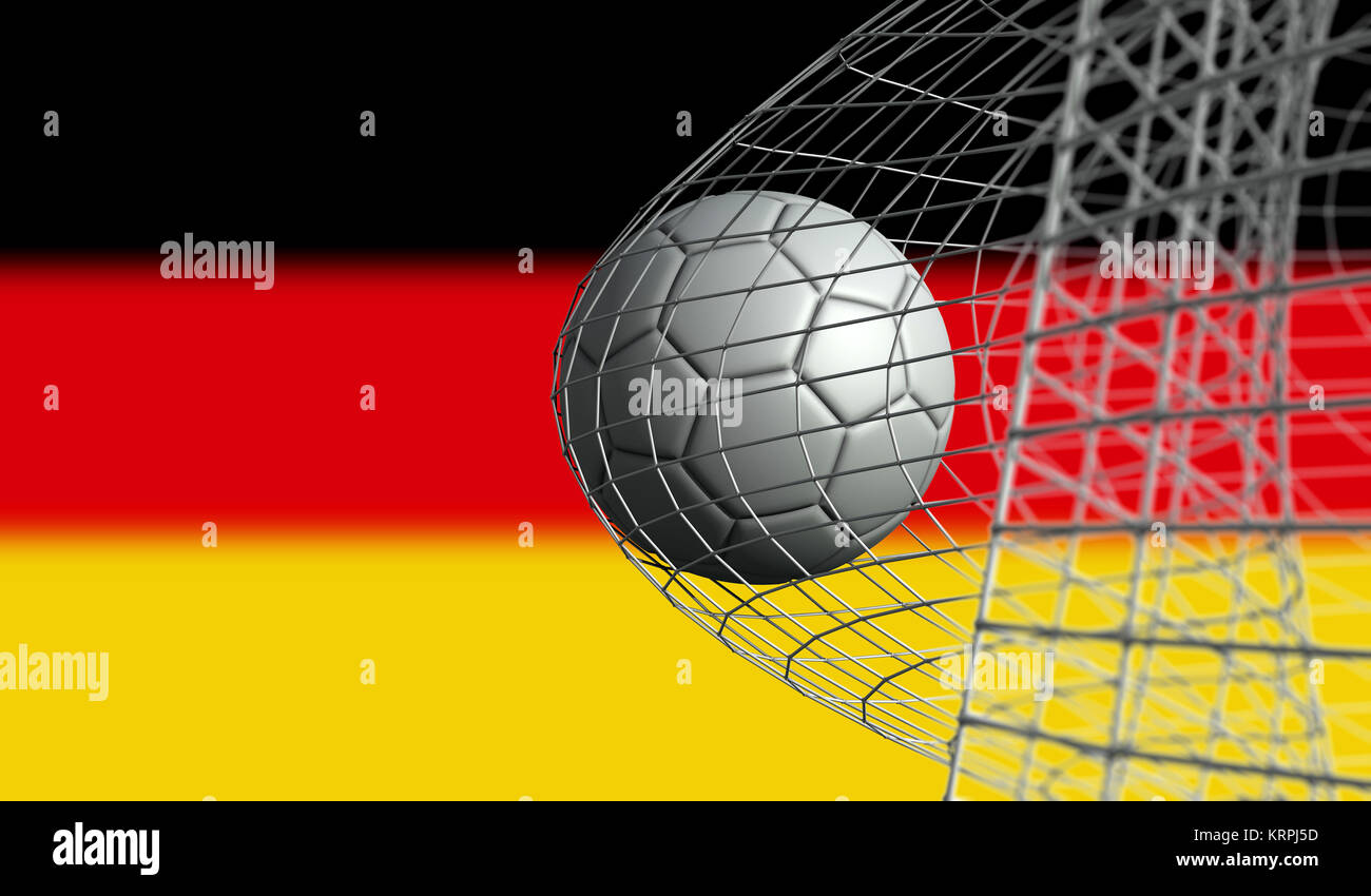 Soccer ball scores a goal in a net against Germany flag. 3D Rendering ...