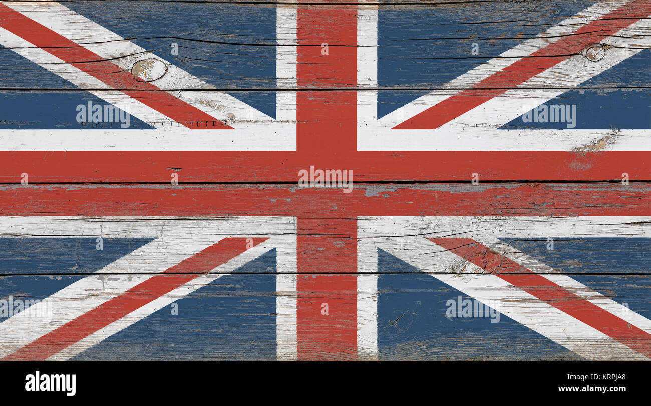 Old vintage UK British flag over white wood Stock Photo - Alamy