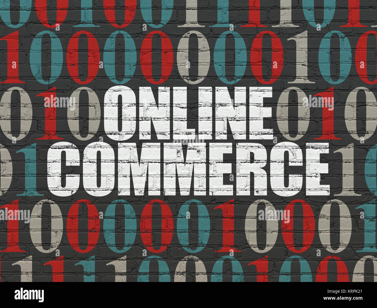 Finance concept: Painted white text Online Commerce on Black Brick wall background with Binary ...
