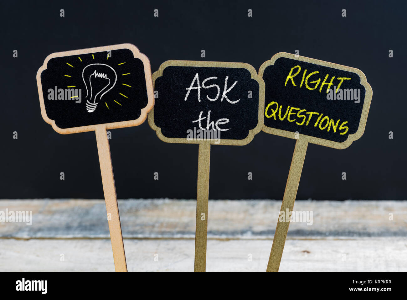 Concept message ASK THE RIGHT QUESTIONS and light bulb as symbol for ...