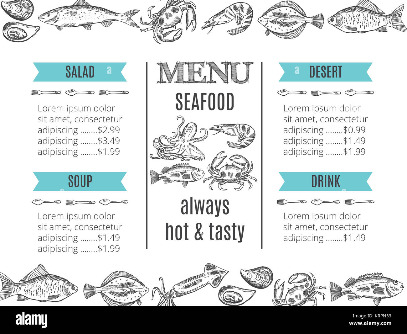 Hand drawing seafood illustrations for restaurant menus Stock Photo - Alamy