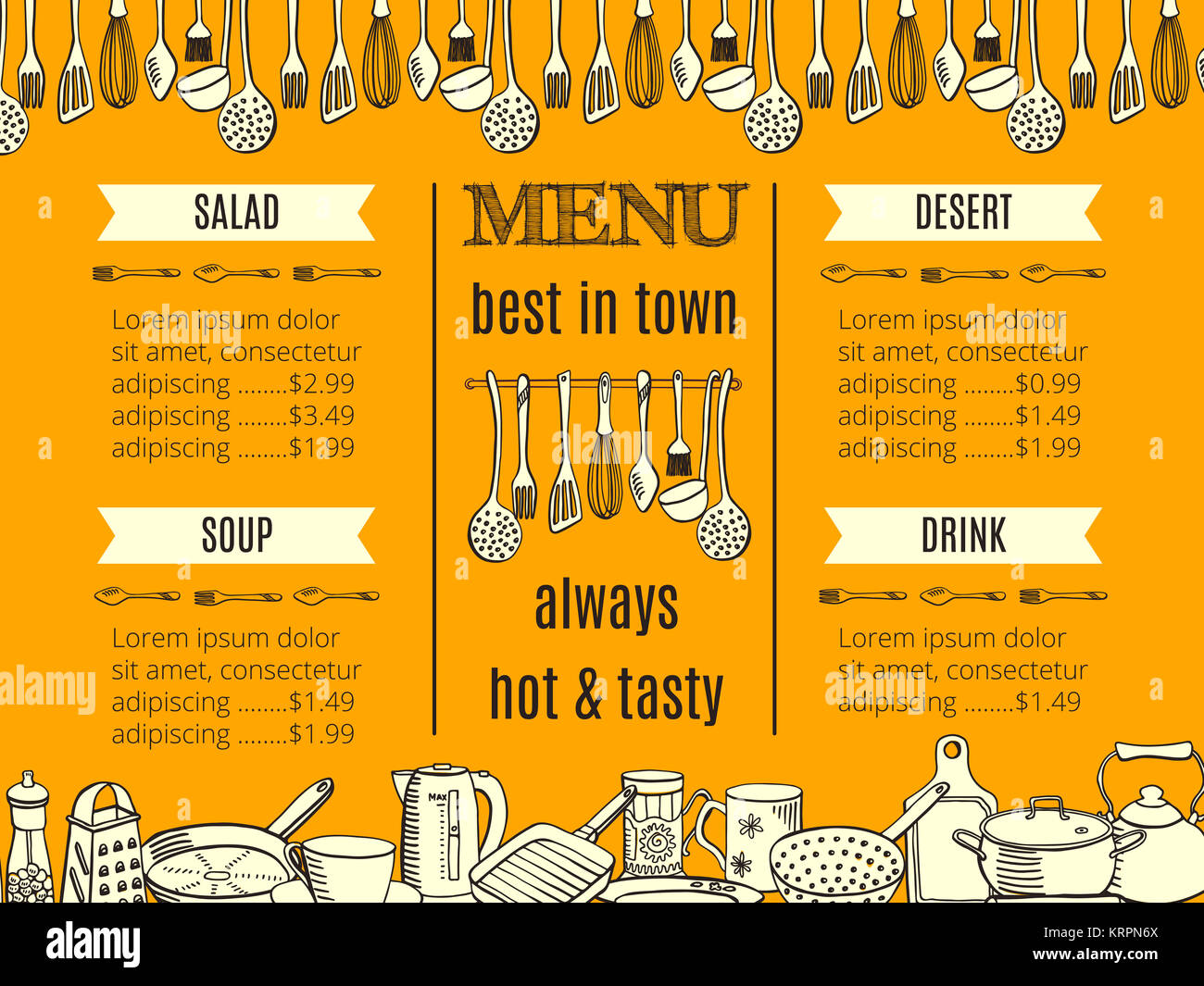 template restaurant menu with kitchenware and cutlery. illustration ...