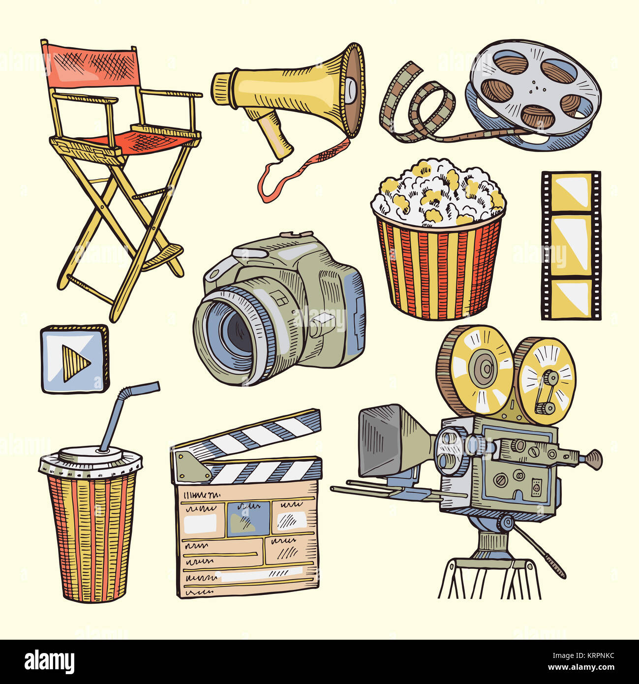 Set of colored objects on the theme of cinema Stock Photo - Alamy
