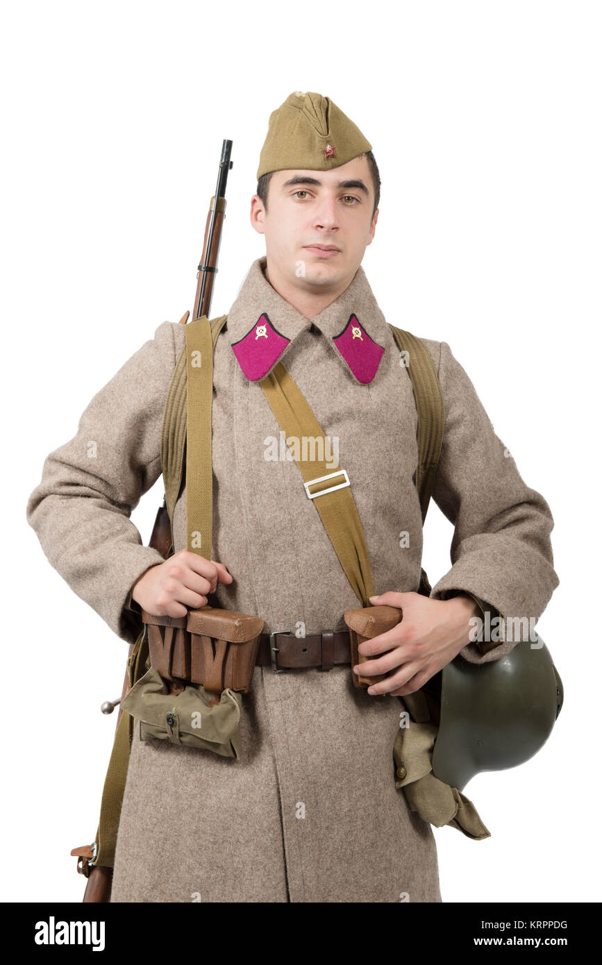 young Soviet soldier with winter uniform on the white background Stock ...