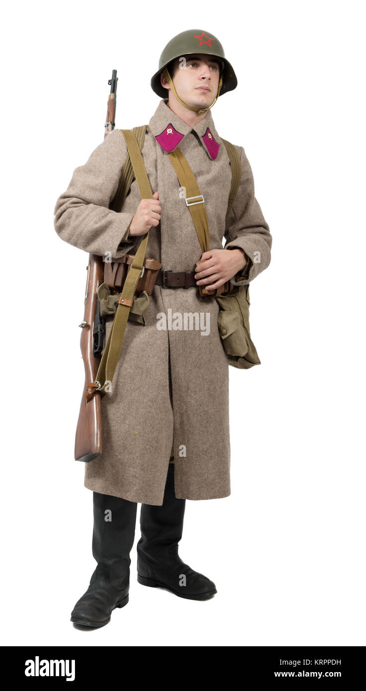 young Soviet soldier with winter uniform on the white background Stock ...