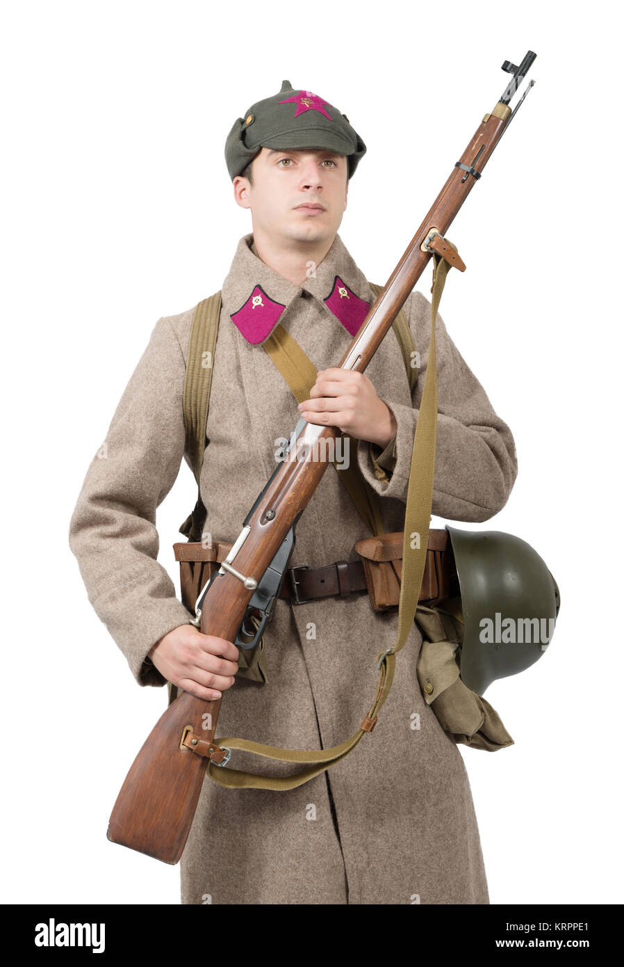 young Soviet soldier with winter uniform on the white background Stock ...
