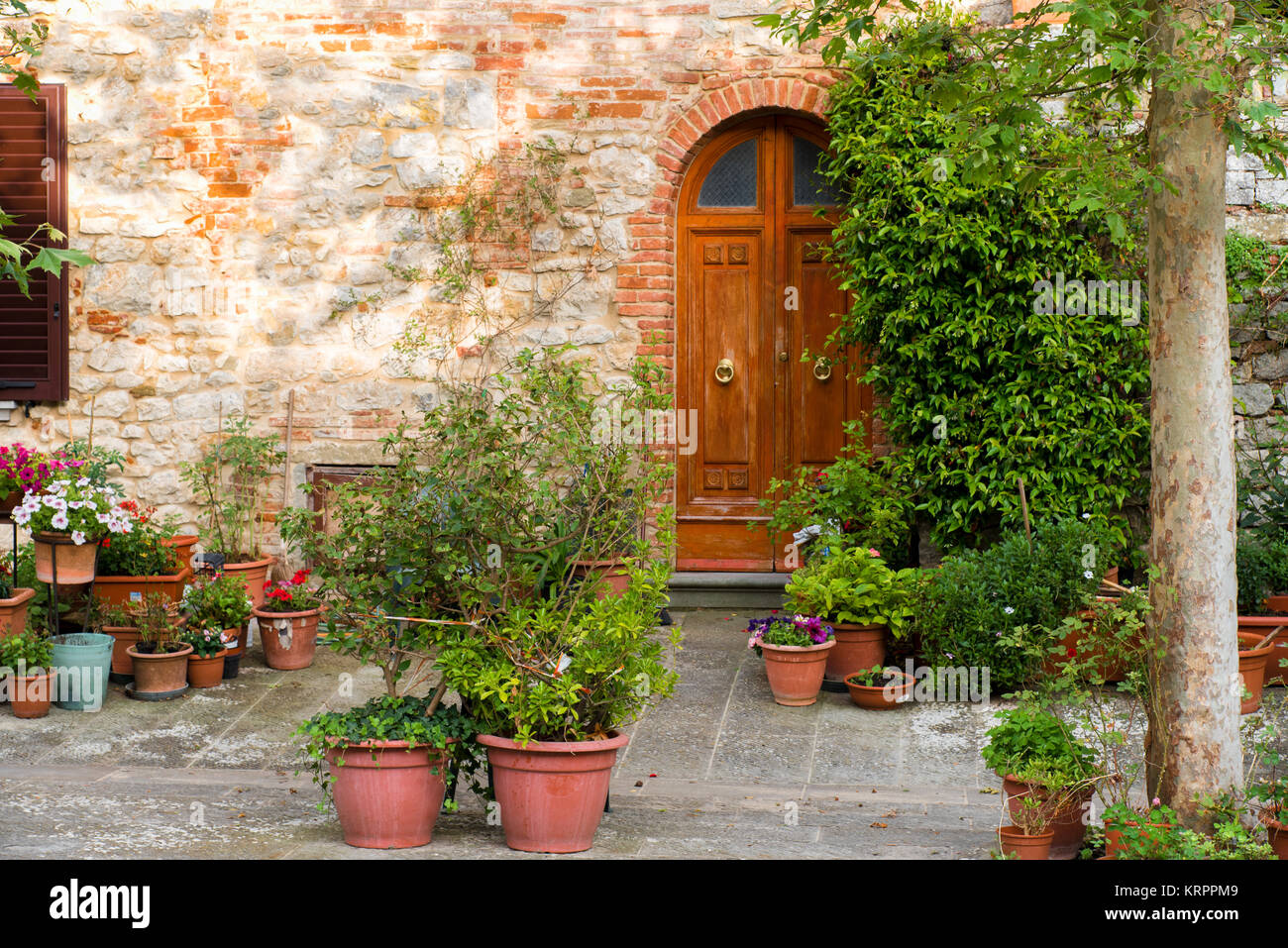 Wooden door with flower pots in the medieval tuscan town Lucignano ...