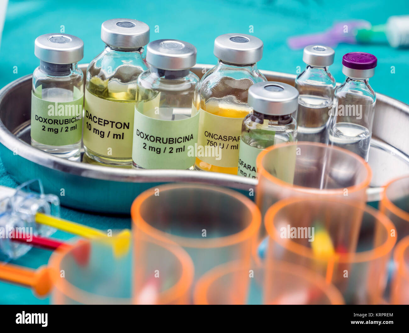 Various vials and medication prepared in the table of palliative care ...