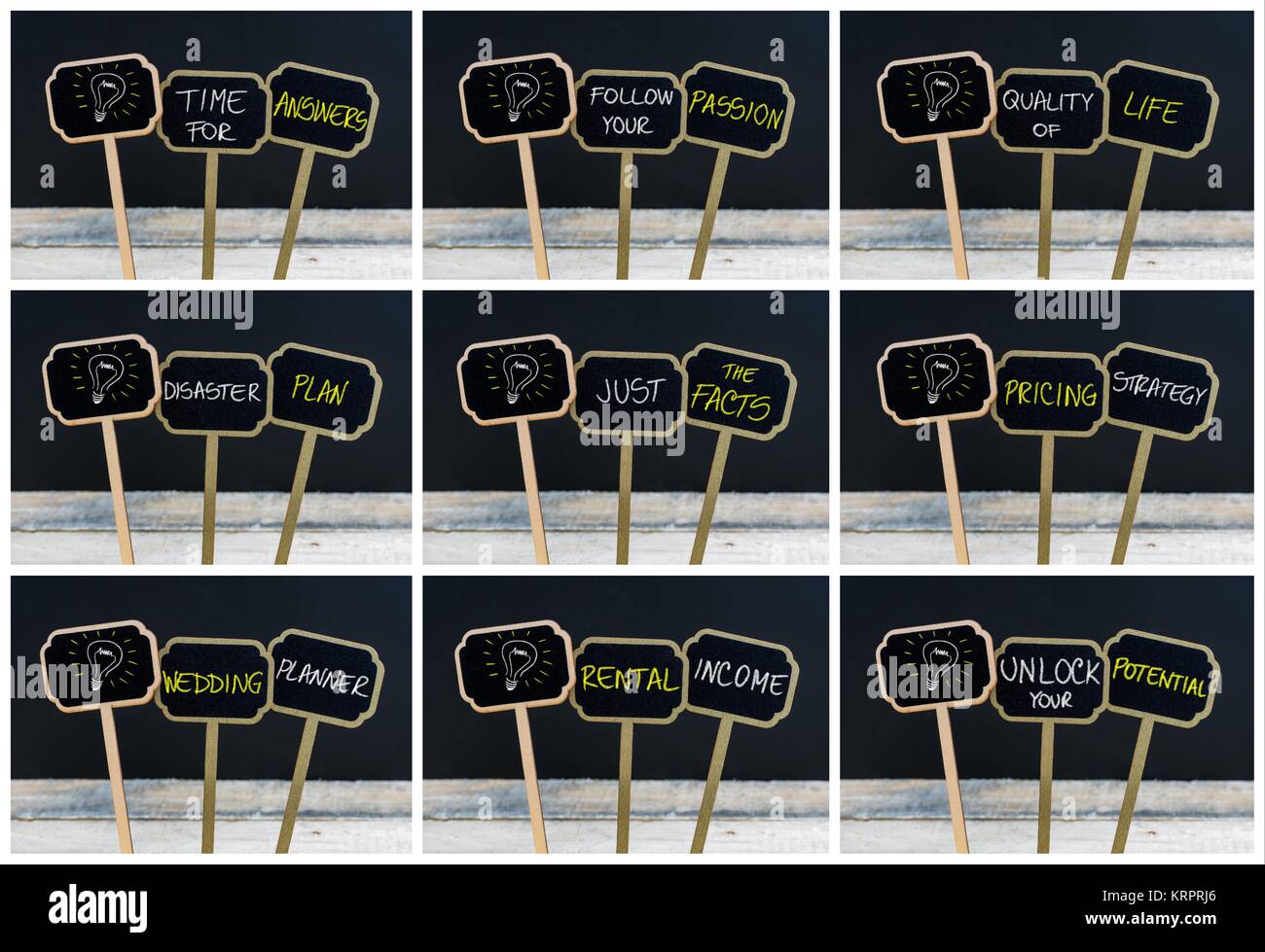Photo collage of concept messages written with chalk and light bulb as ...
