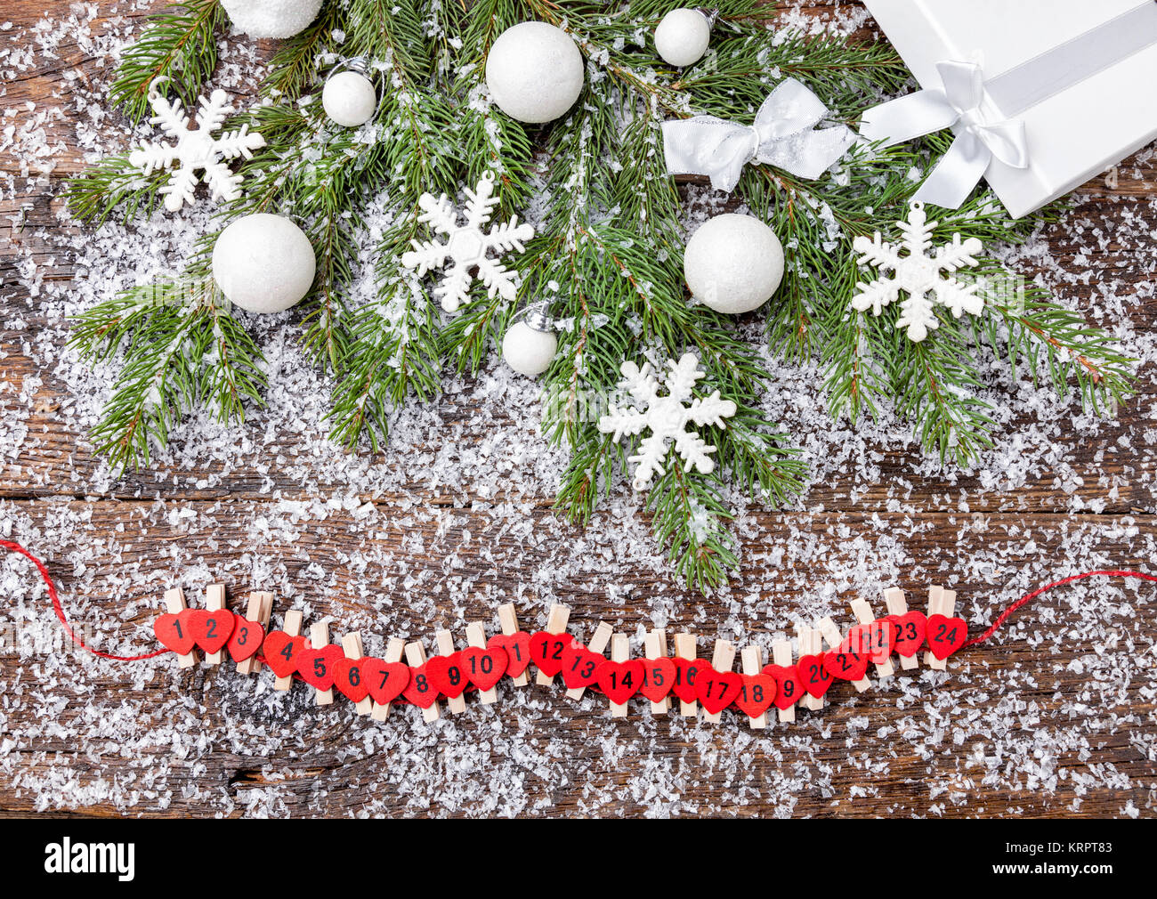 Christmas background with snow, baubles, fir and snowflakes Stock Photo - Alamy