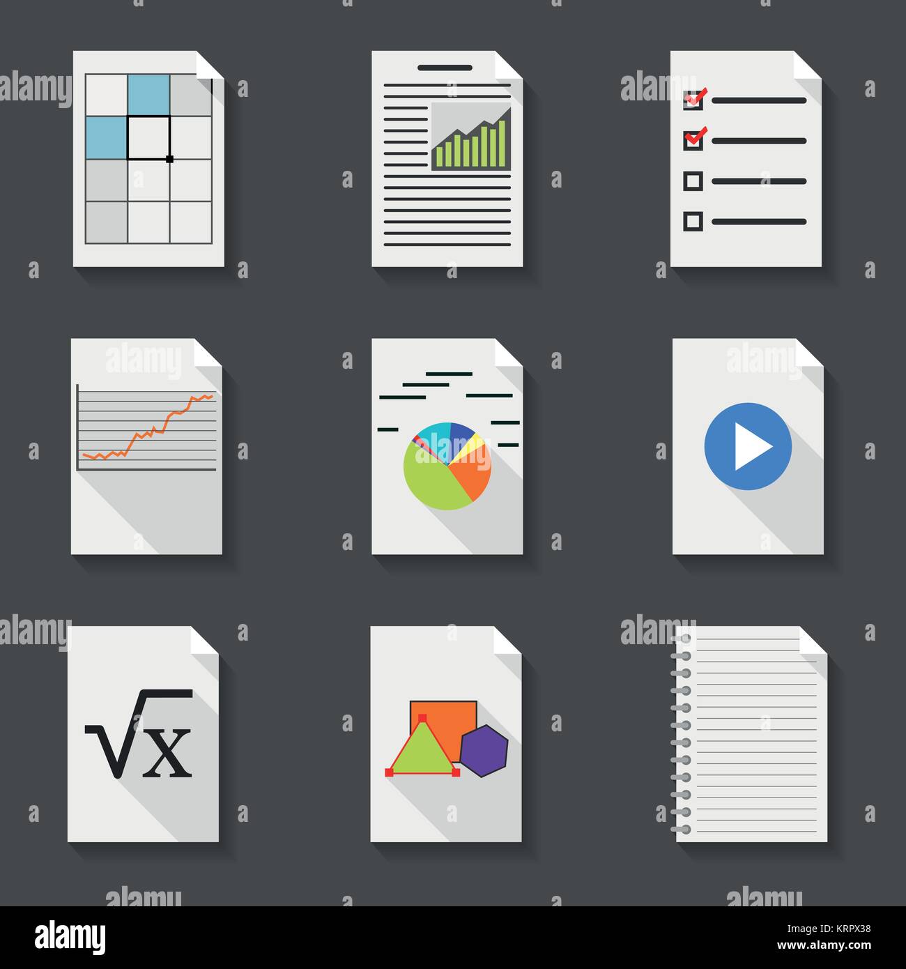 Set of icons of office documents in a flat style on a dark gray ...